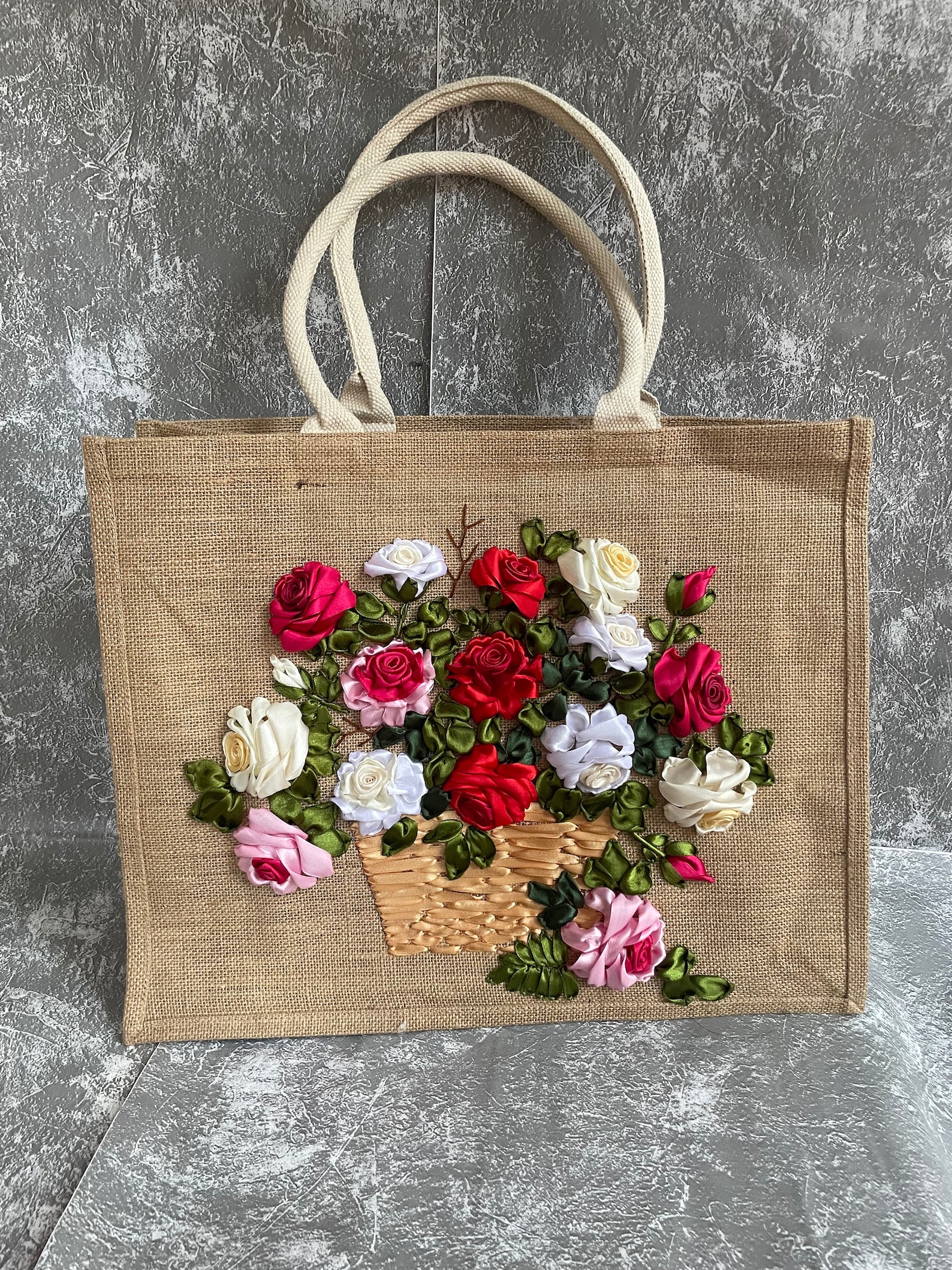 Roses Ribbon Embroidery Large Jute Tote Bag | Ribbon Embroidery Roses ...