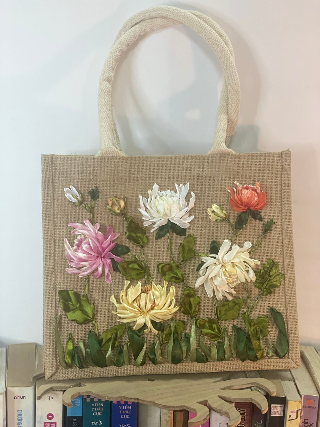Ribbon Embroidery Jute Tote Bag | Embroidery Chamo Jute Tote Bag ...