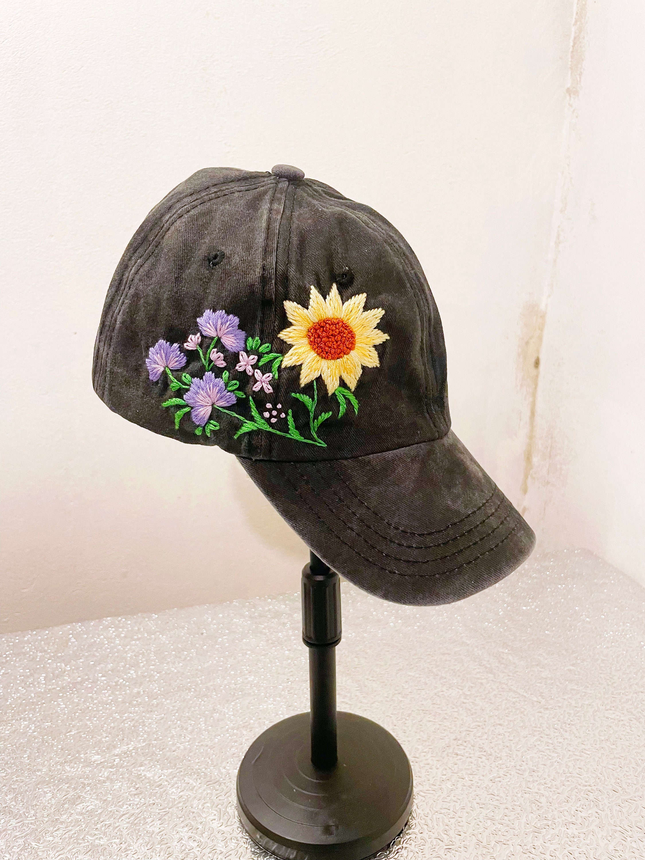Floral Embroidered Black Cap Baseball Cap Custom Embroidery - Etsy
