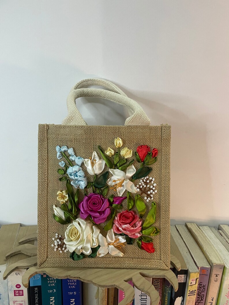 Ribbon Embroidery Jute Tote Bag Small Roses Embroidered Jute - Etsy