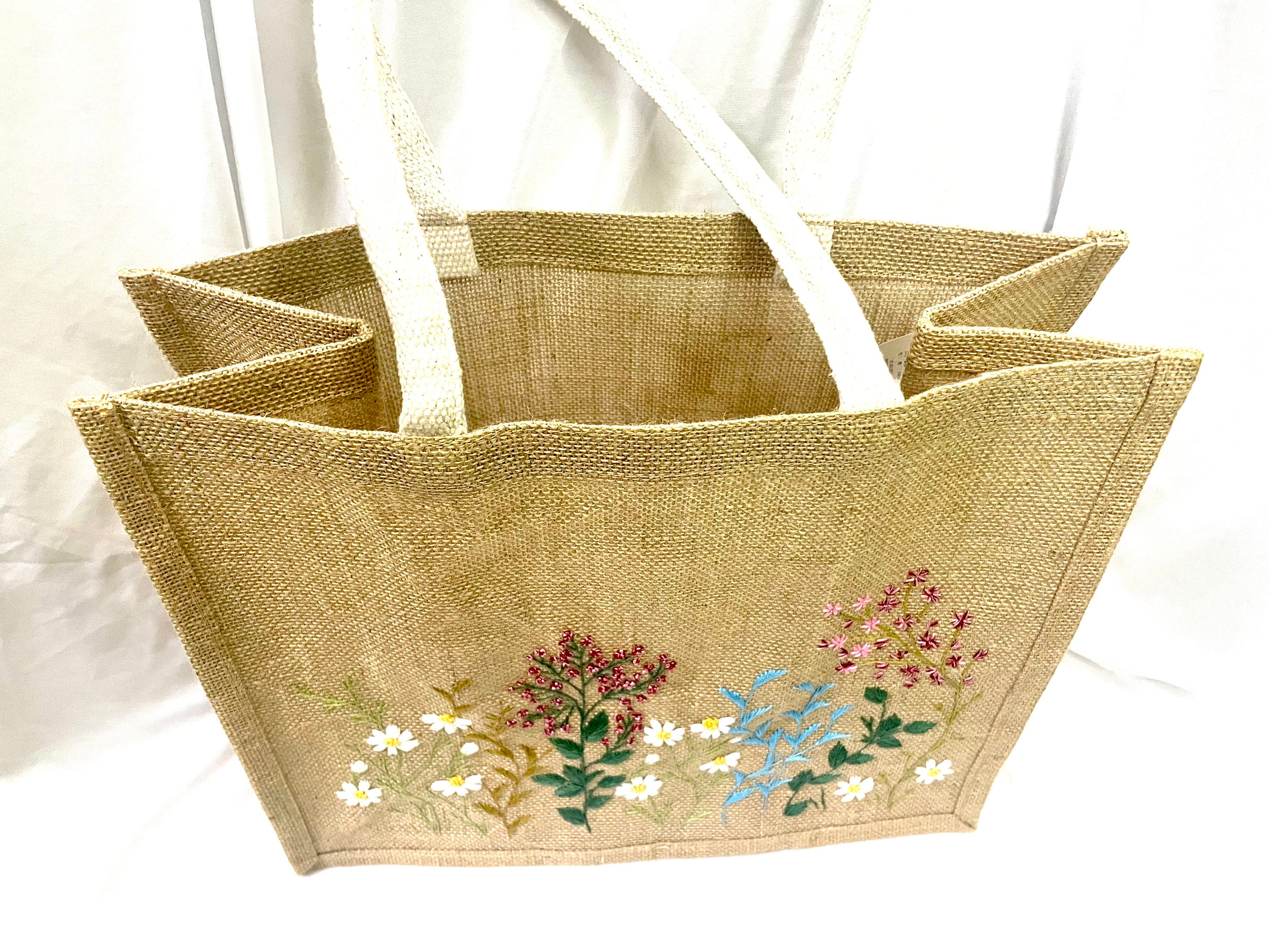 Embroidery Jute Tote Bag Embroidery Daisy Jute Tote Bag embroidery ...