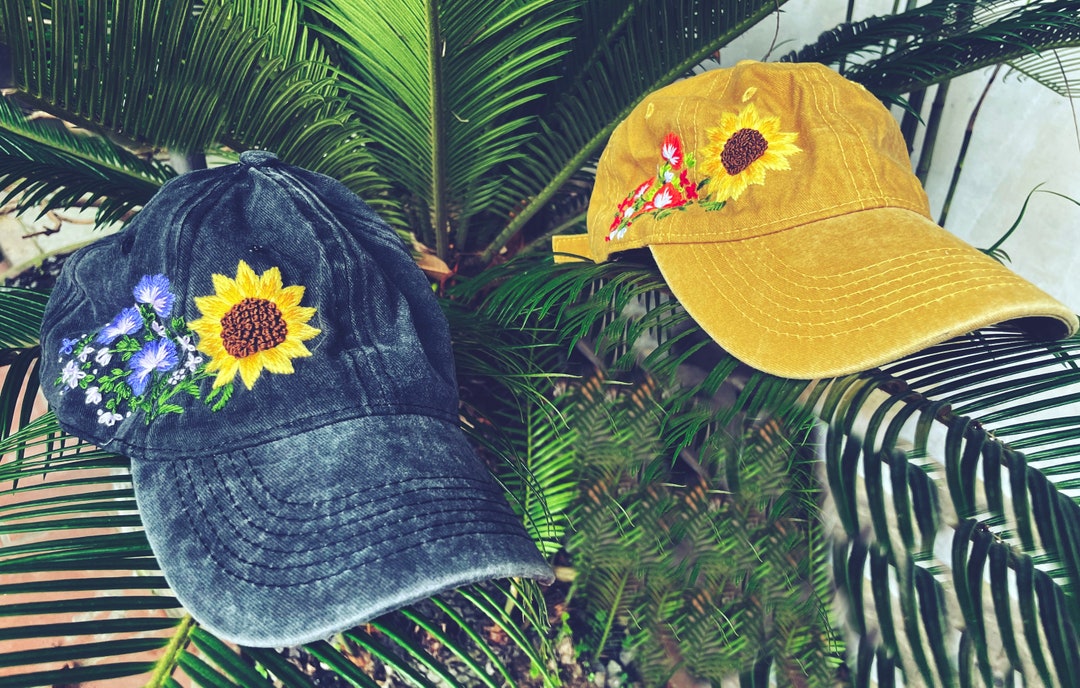 Floral Embroidered Cap, Baseball Cap, Custom Embroidery Hat, Sunflower ...