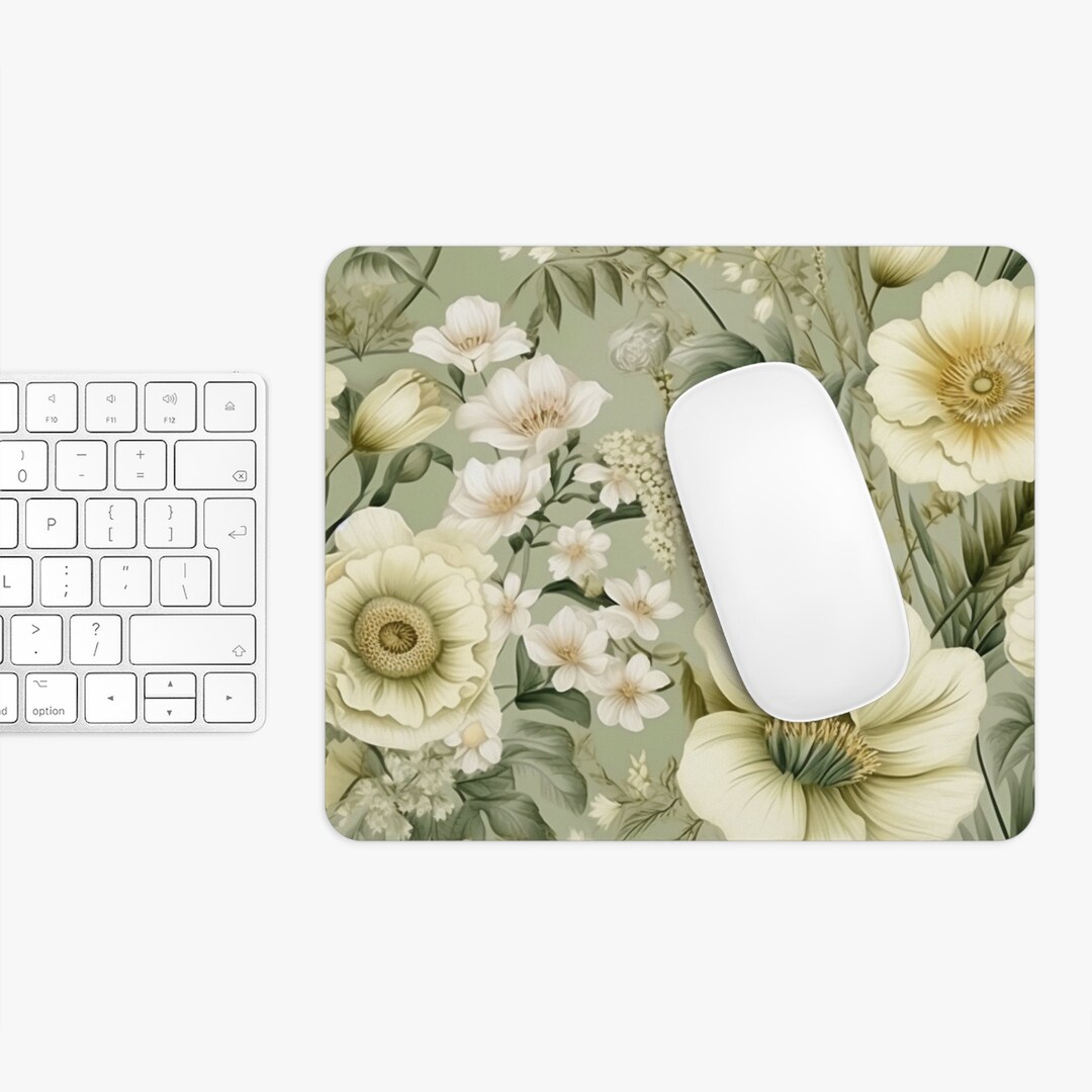 Cream Flowers With Green Background Mousepad Computer Accessories Green ...