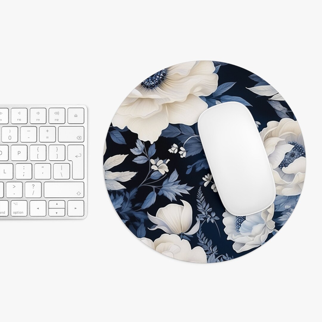 Dark Blue With White Floral Pattern Mousepad Computer Accessories ...