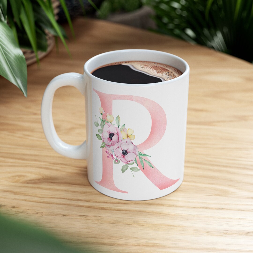 Feminine Letter R Mug Letter R With Flowers Mug Personalized Mug White ...