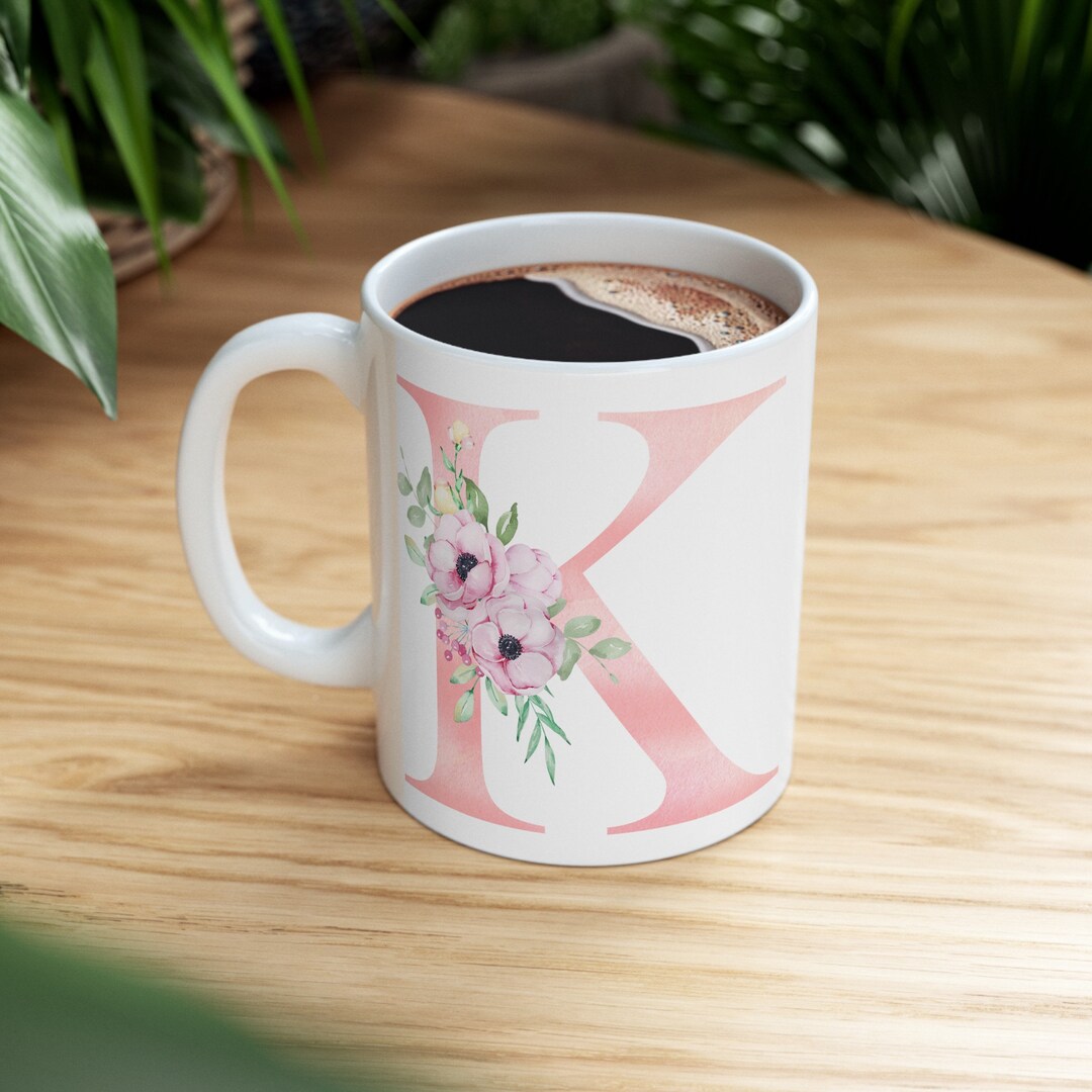 Feminine Letter K Mug Letter K With Flowers Mug Personalized Mug White ...