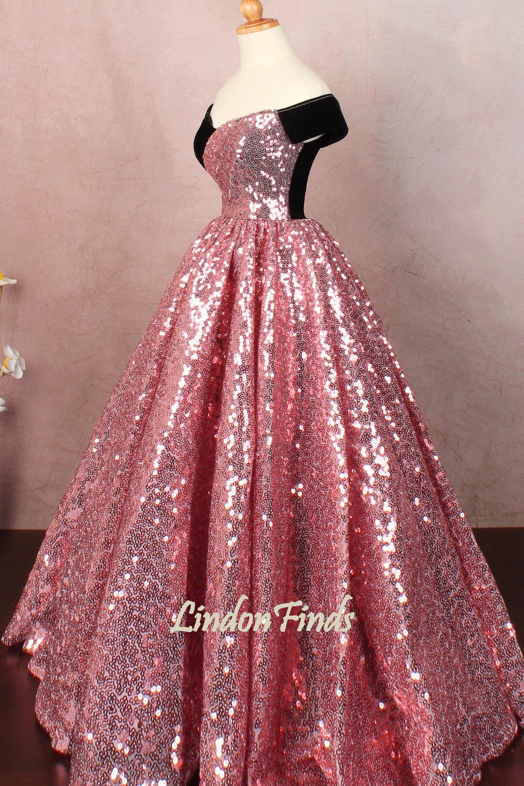 Pink Sequin Prom Dress off the Shoulder Black Velvet Ball Gown Elegant ...