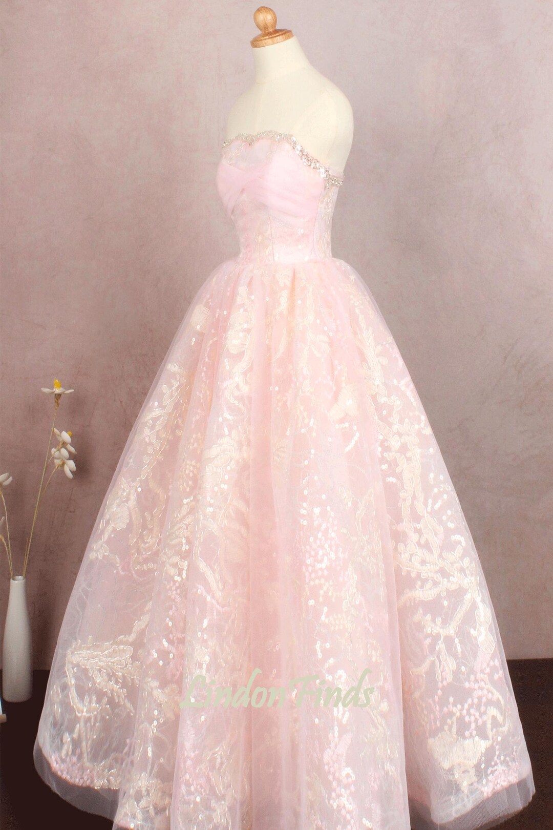 Pink Lace Tulle Ball Gown,beaded Necking Formal Prom Dress,a Line Fairy ...