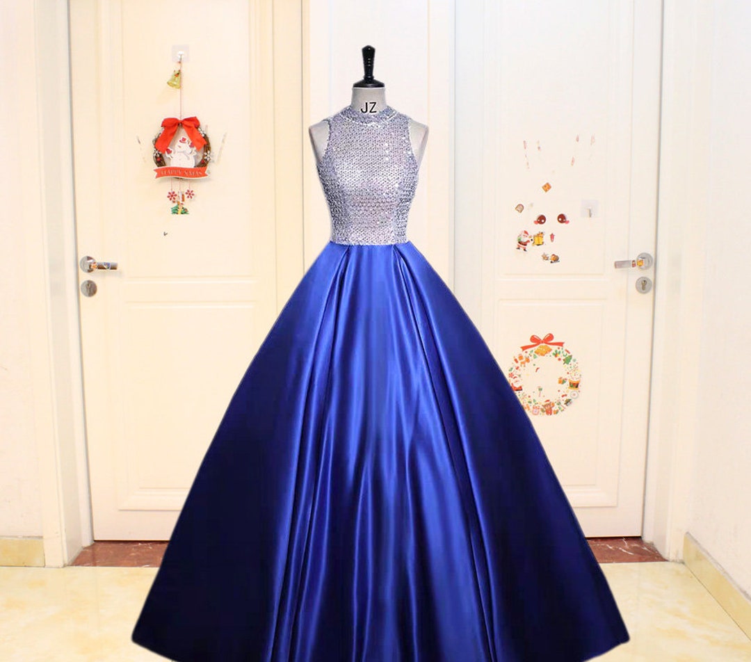 Royal Blue Satin Wedding Ball Gown,silver Sequin Bridal Gown,a Line ...