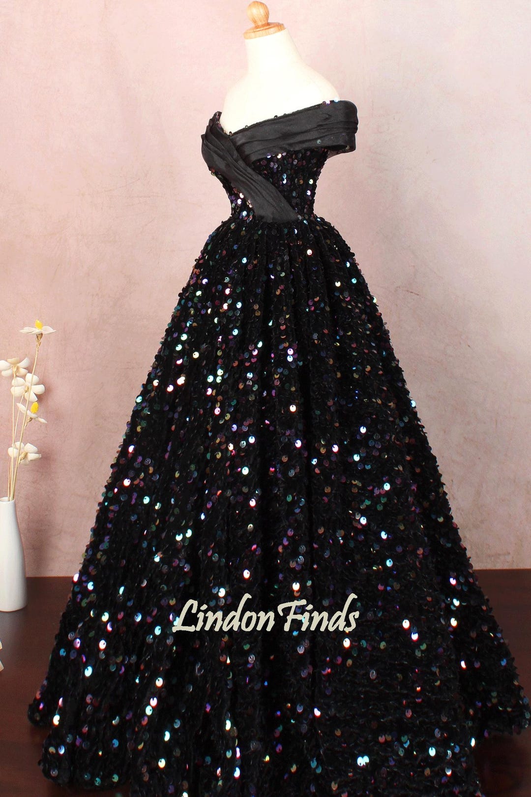 Black Sequin Ball Gown,organza off the Shoulder Wedding Dress,full ...