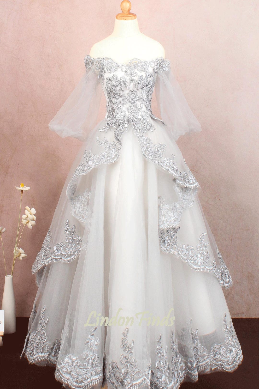 Silver off the Shoulder Wedding Gown,long Sleeve Prom Gown,lace ...