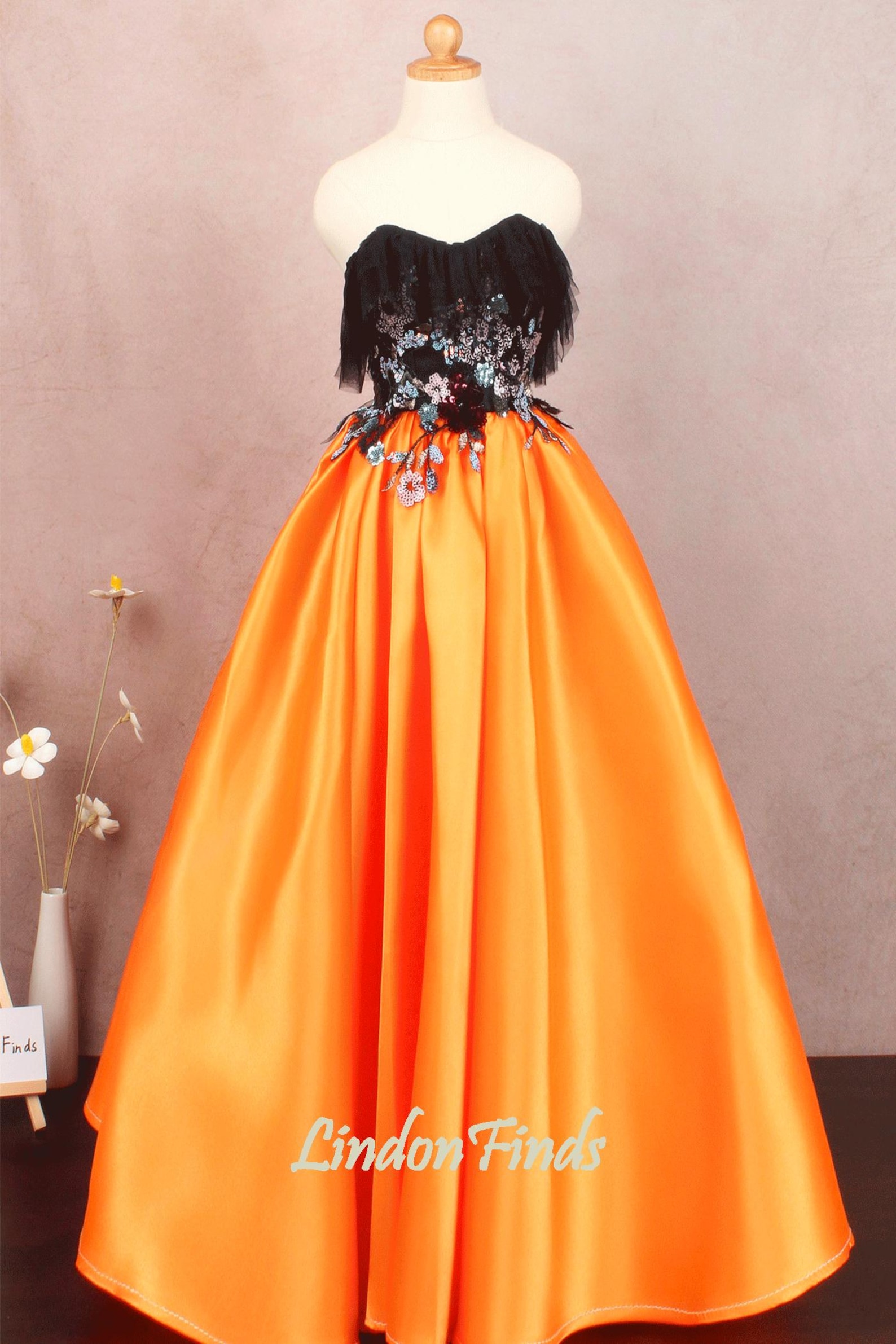 Orange Satin Ball Gown, Black Lace Applique, A-line Formal Dress - Etsy