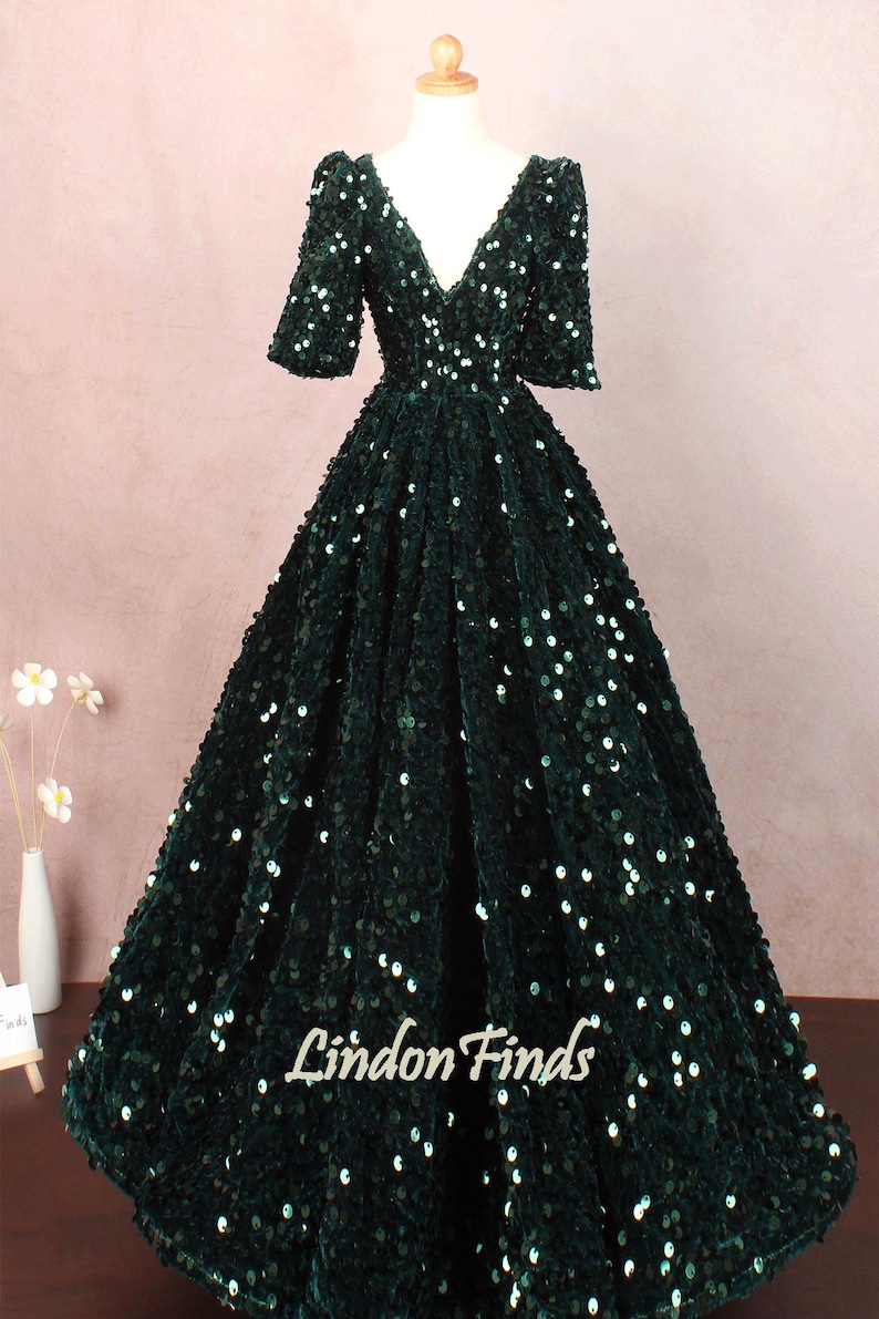Dark Green Velvet Sequin Ball Gown Short Sleeve Wedding Gown V Neck ...