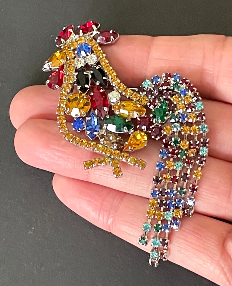 Large Vintage Figural Rhinestone Cockerel / Rooster, Chicken Brooch ...