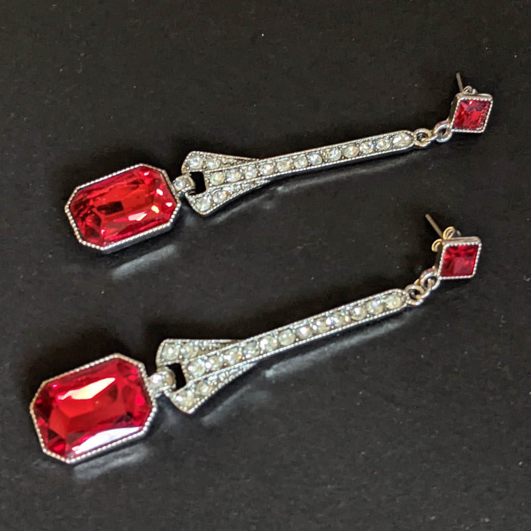 Vintage Art Deco Style, Ruby Red Crystal and Clear Rhinestone Encrusted ...