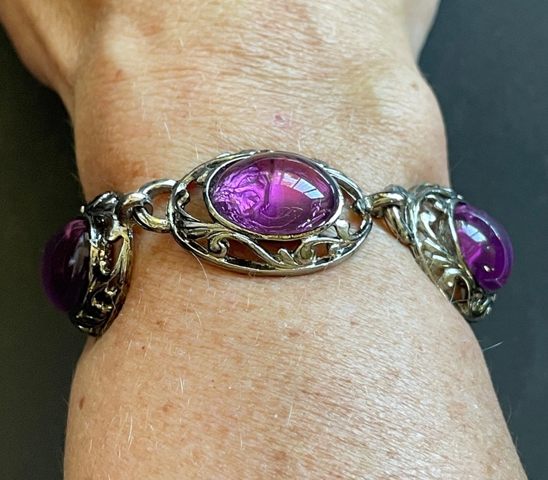 Vintage Vibrant Pink / Purple Glass Cabochon and Silver Tone - Etsy