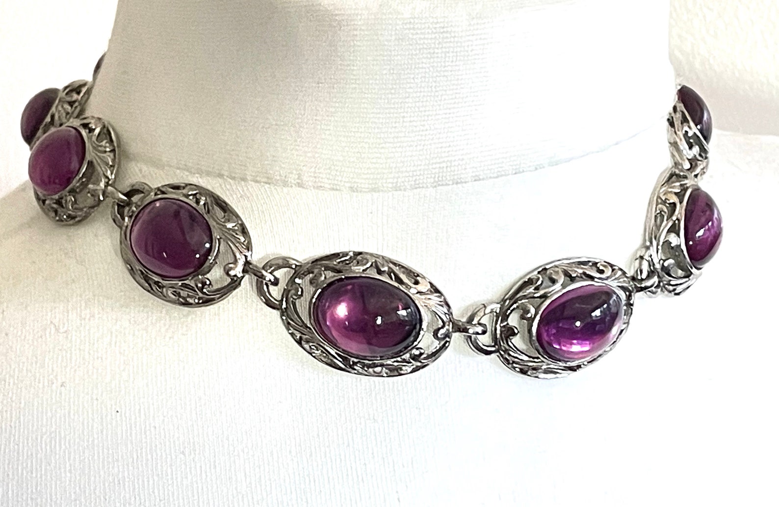 Vintage Vibrant Pink / Purple Glass Cabochon and Silver Tone - Etsy