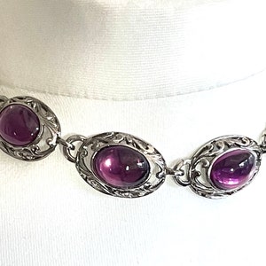 Vintage Vibrant Pink / Purple Glass Cabochon and Silver Tone Riviere Style Necklace and Bracelet ...