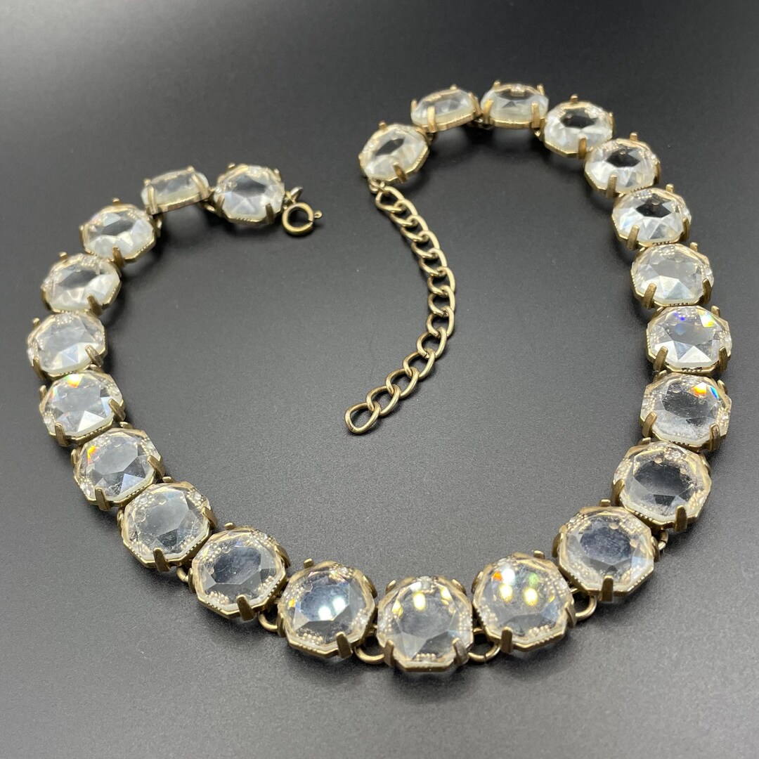 Vintage Clear Rhinestone Riviere Necklace, Heavy Stones Bezel Set in ...