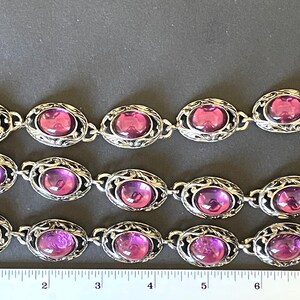 Vintage Vibrant Pink / Purple Glass Cabochon and Silver Tone Riviere Style Necklace and Bracelet ...