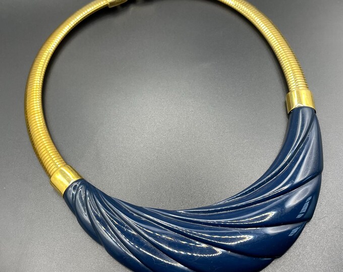 Vintage Signed Monet Navy Blue Machine Age Style Collar Necklace, Heavy ...