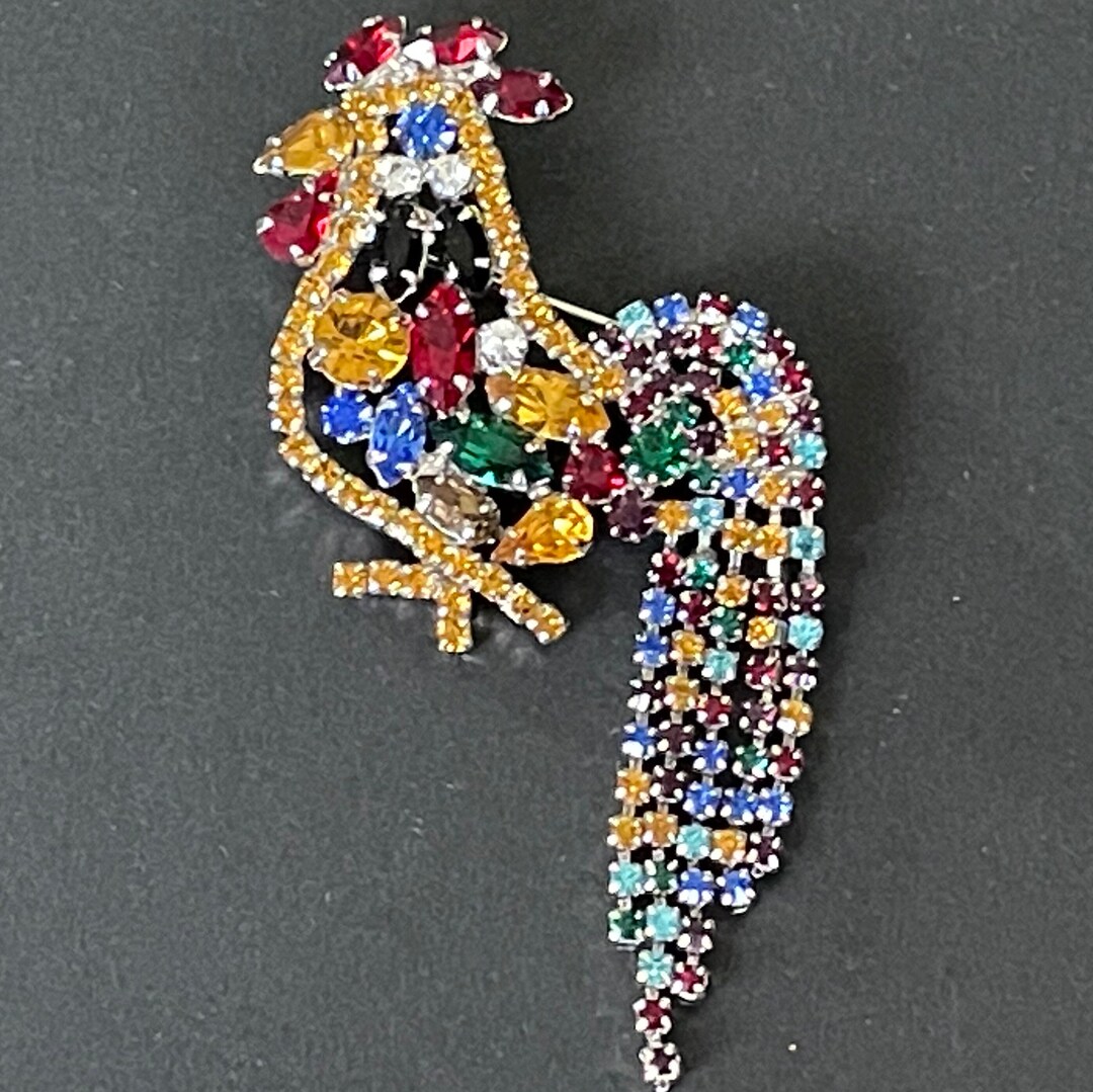 Large Vintage Figural Rhinestone Cockerel / Rooster, Chicken Brooch ...