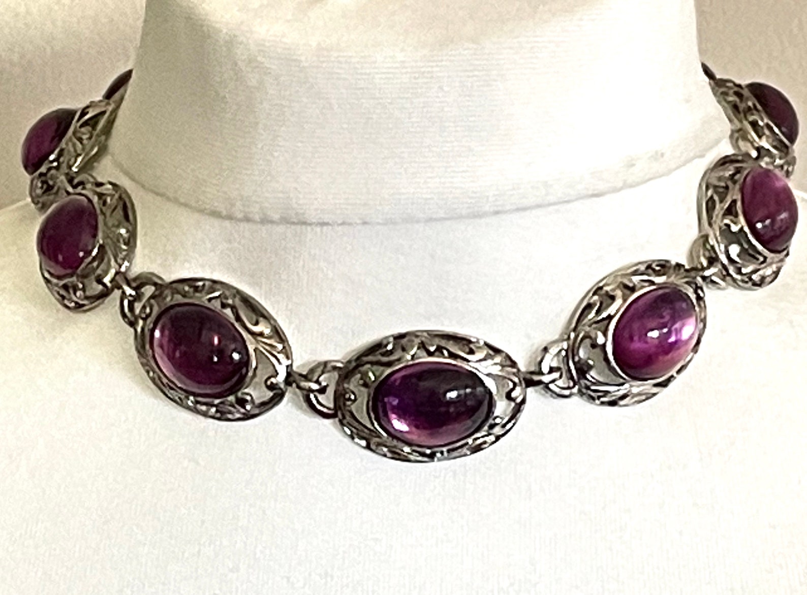 Vintage Vibrant Pink / Purple Glass Cabochon and Silver Tone - Etsy