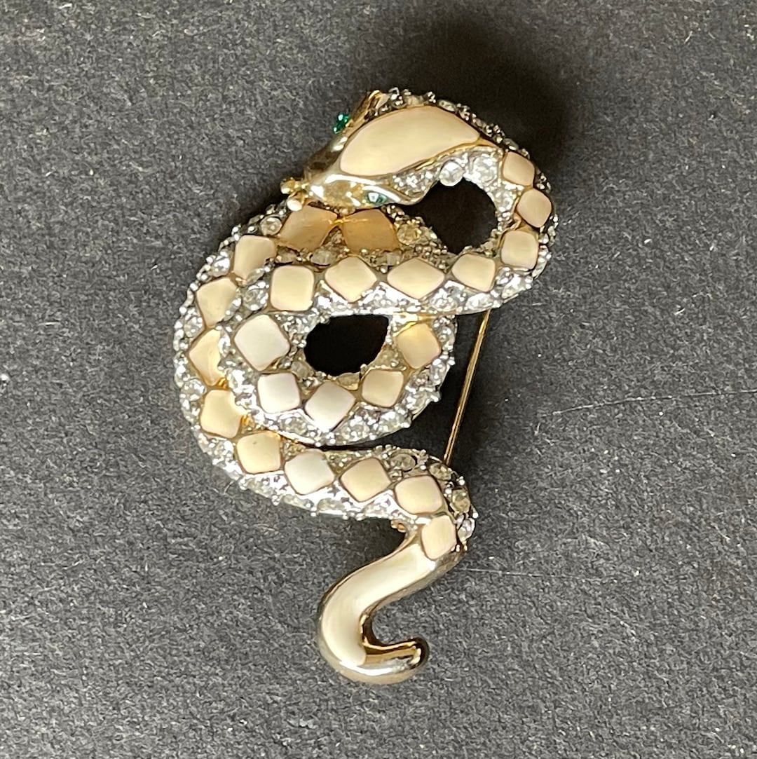 Vintage Figural Large Coiled Snake Brooch Cream Enamel and Clear ...