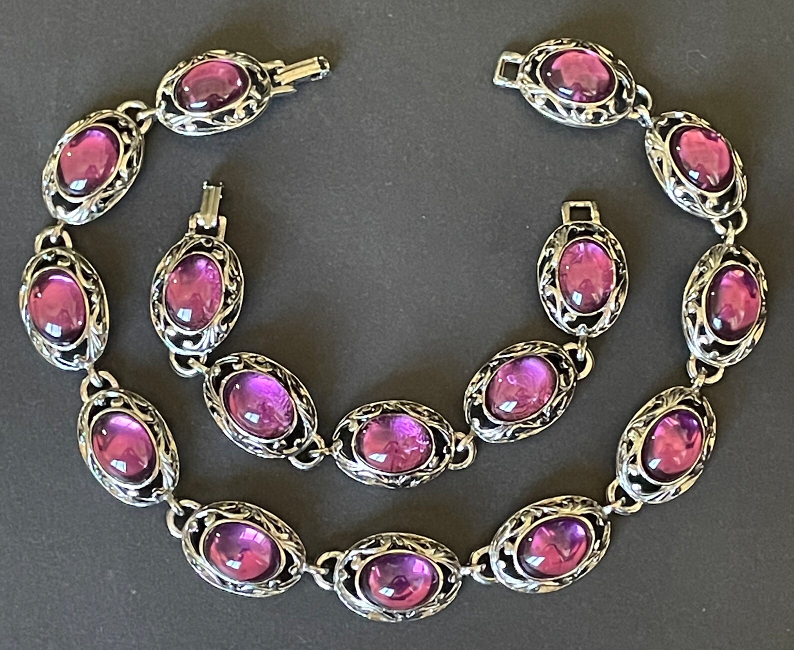 Vintage Vibrant Pink / Purple Glass Cabochon and Silver Tone - Etsy