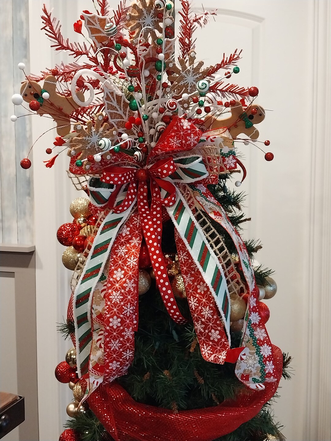 Christmas Tree Topper, Gingerbread Tree Topper, Tree Topper Bow, Winter ...