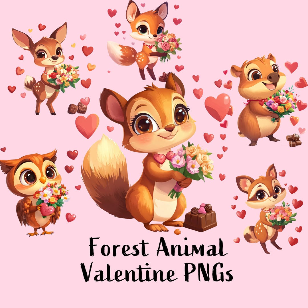 Valentine’s Forest Animals Clipart – Cute Cartoon PNG Set 6 for DIY ...