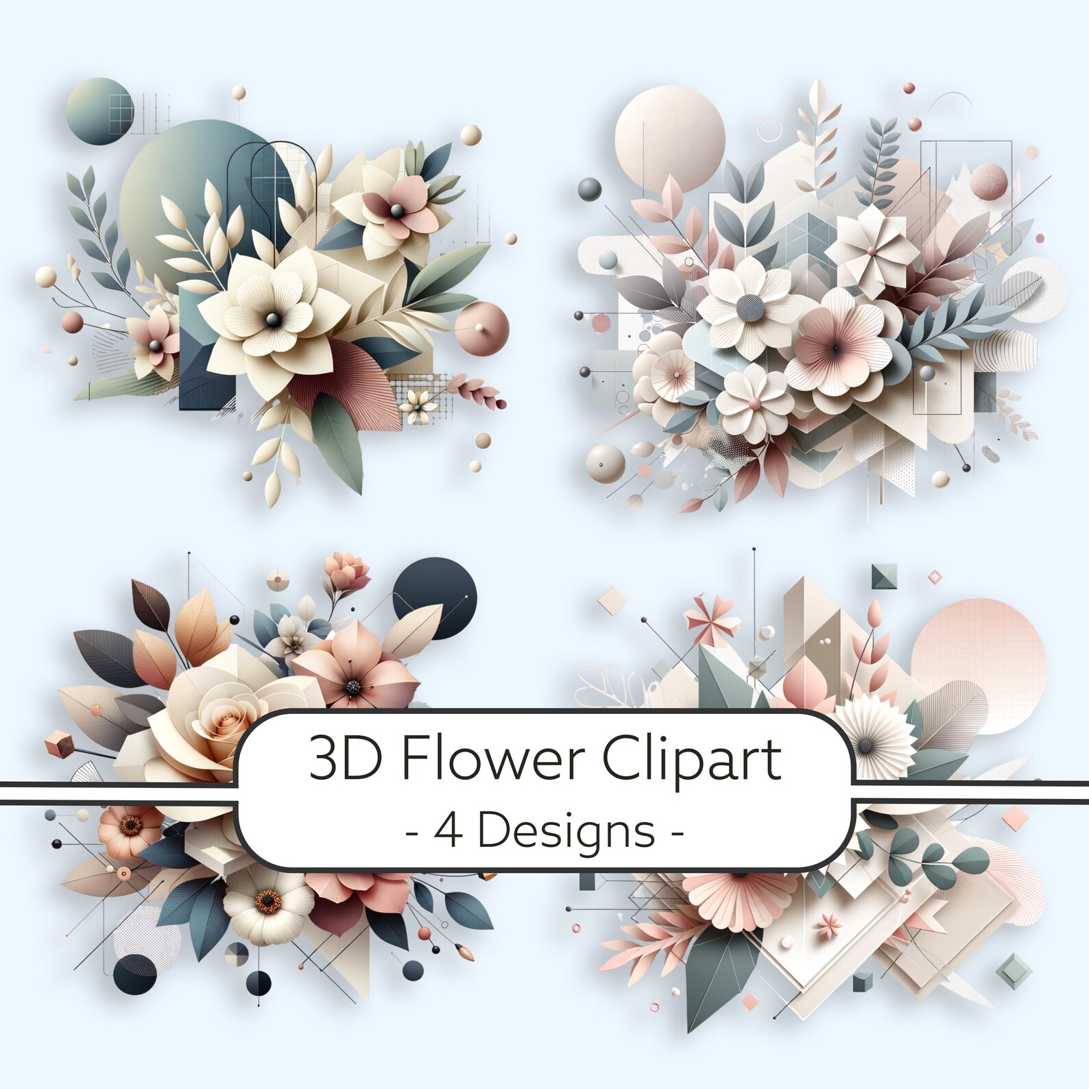 3D Geometric Flower Collage Clipart, Modern Art, Downloadable Scrapbook ...