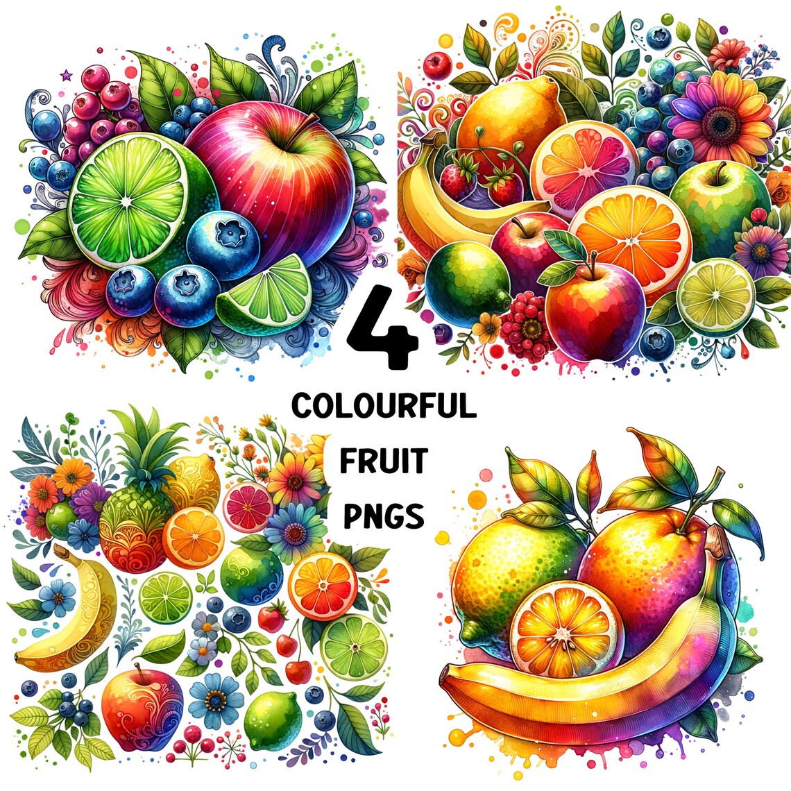 Watercolor Fruit Clipart, Rainbow PNG Bundle, Colourful Fruits Clipart ...