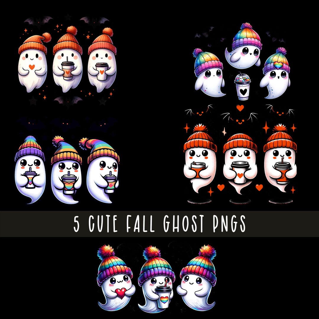 Cute Ghost Halloween Clipart Rainbow Bundle Set: 5 Clipart PNG, Fall ...