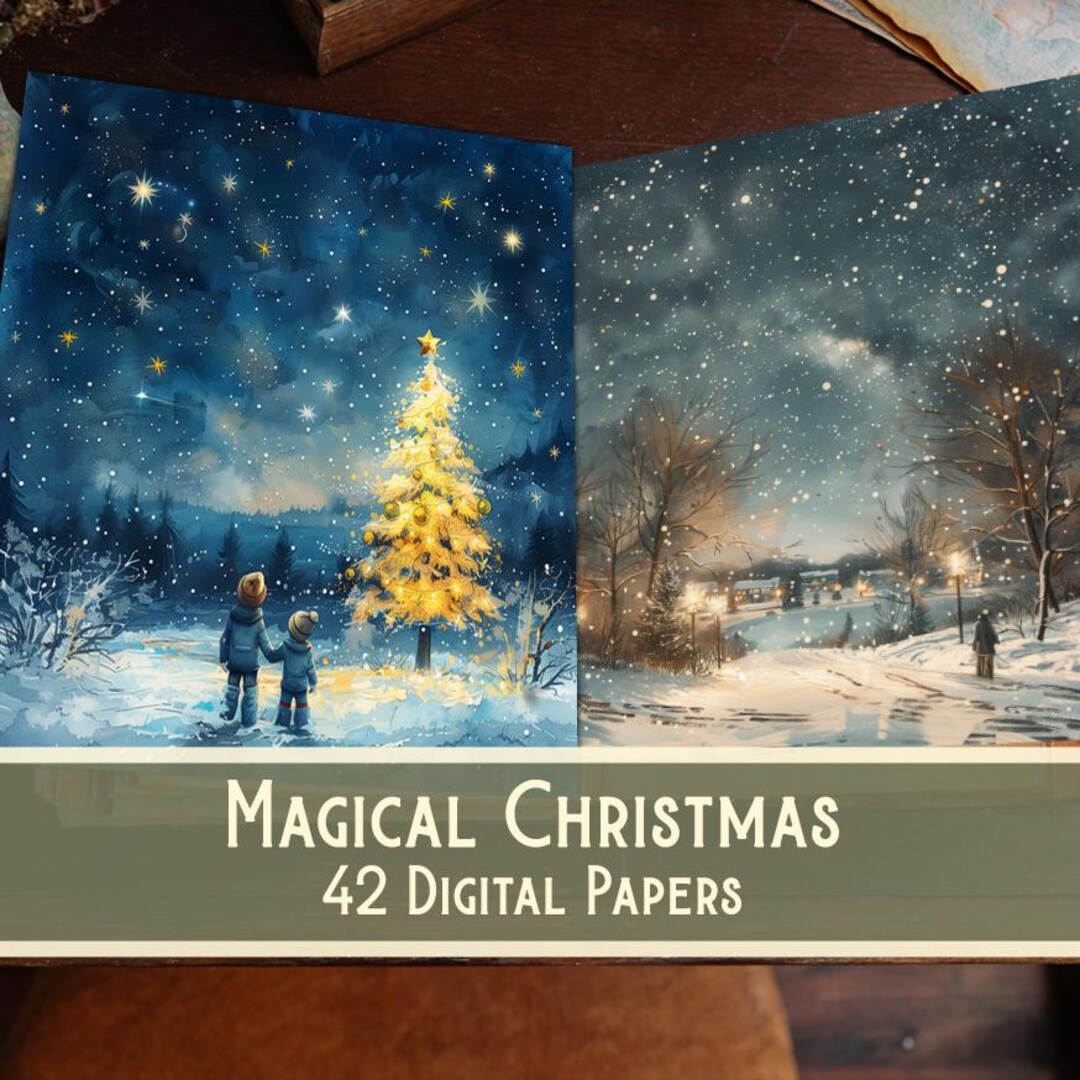 Watercolor Starry Night Christmas Paper Landscape Bundle: Snowy Digital ...