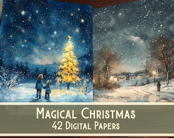 Watercolor Starry Night Christmas Paper Landscape Bundle: Snowy Digital ...