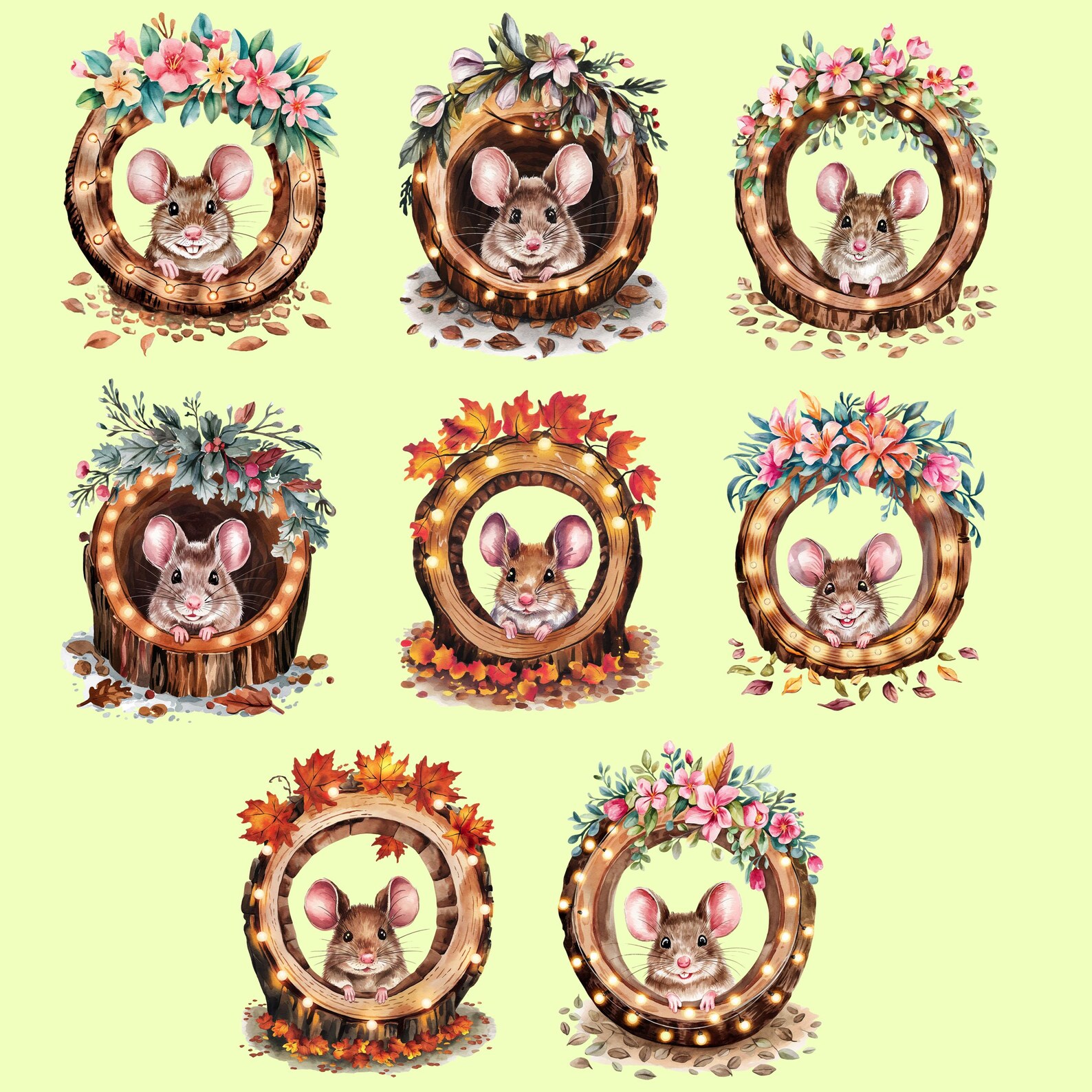 Mouse Hole Clipart Set, Nature Mice in Holes Watercolor Clipart ...