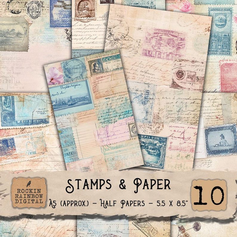 Stamps & Paper Collage, Printable Junk Journal Half Papers, Scrapbook ...