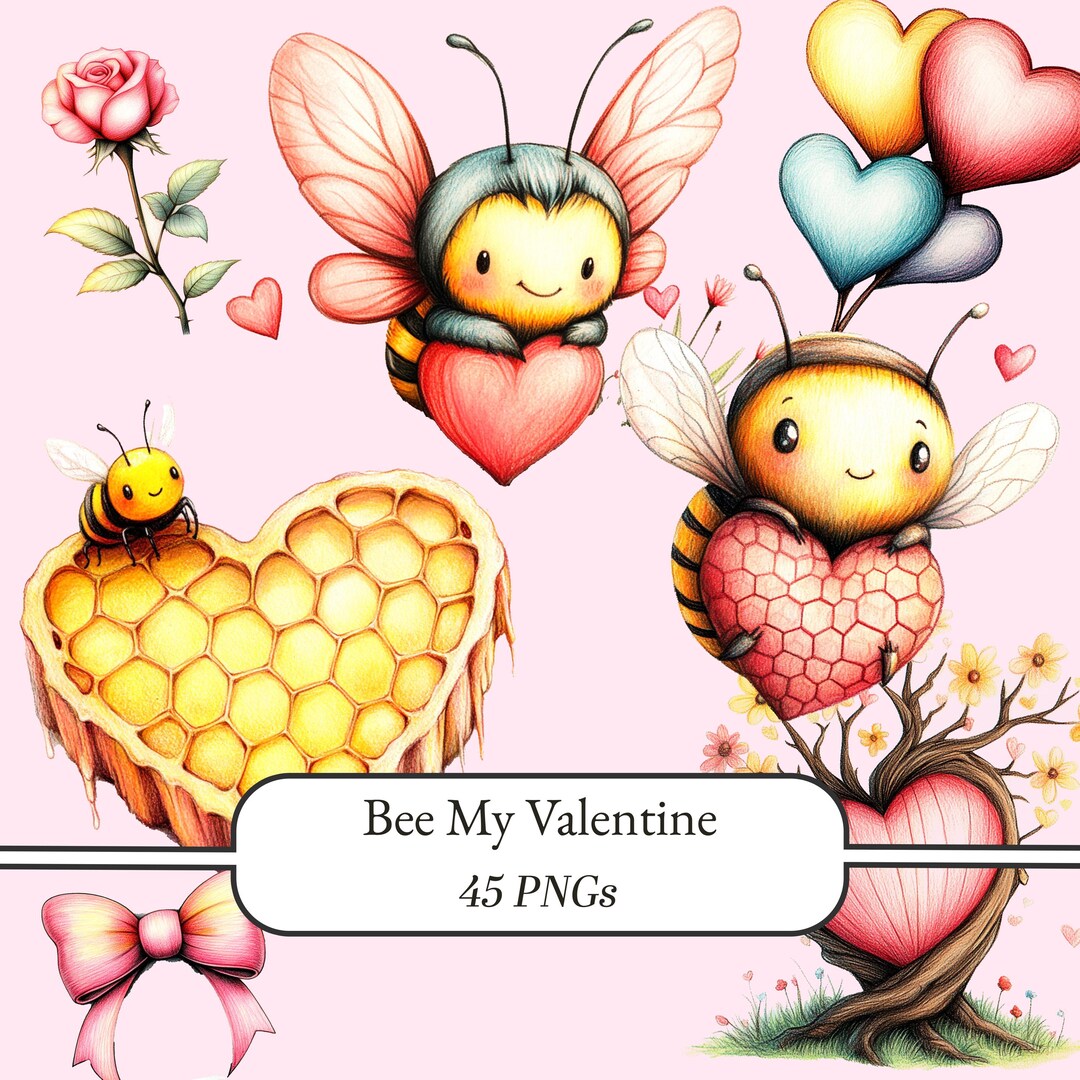 Watercolor Valentine Bees Clipart, 45 PNG Valentines Day Clipart, Cute ...