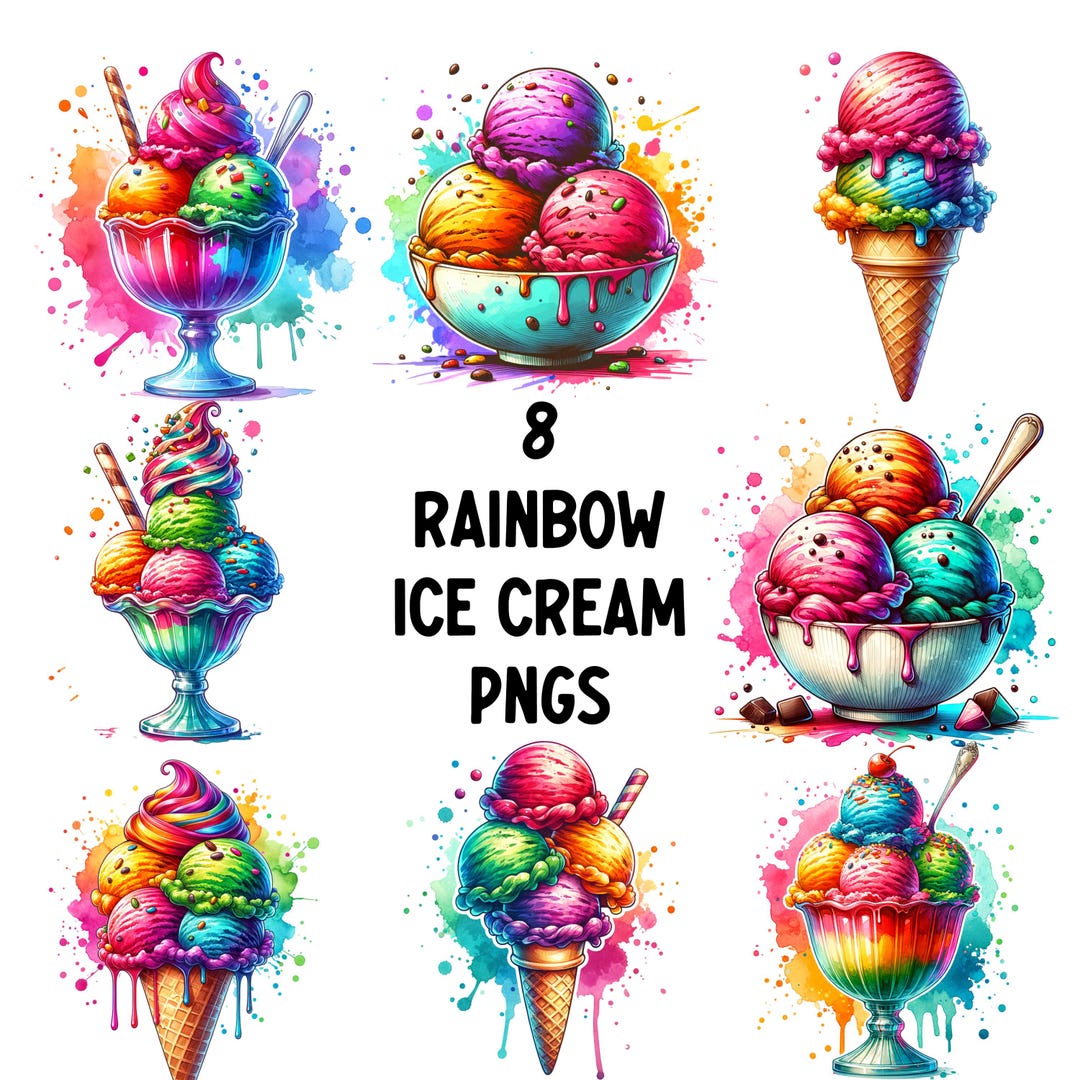 8 Ice Cream Clipart, Colourful Rainbow Ice Cream PNG Designs Instant ...