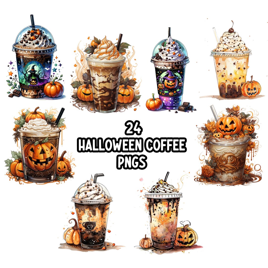 Halloween Coffee Clipart Set, 24 Gothic Watercolor Hot Coffee Drink ...