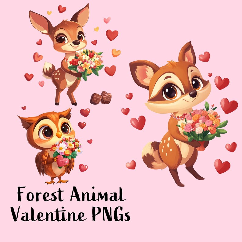 Valentines Forest Animals Clipart Cute Cartoon PNG Set 6 for DIY ...