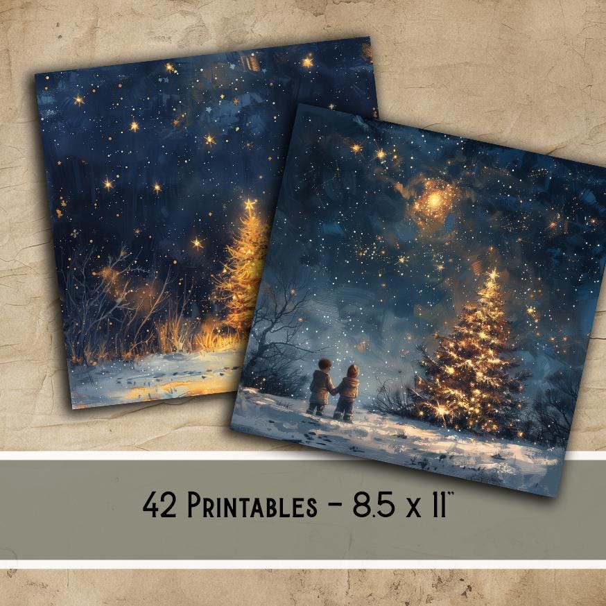 Watercolor Starry Night Christmas Paper Landscape Bundle: Snowy Digital ...