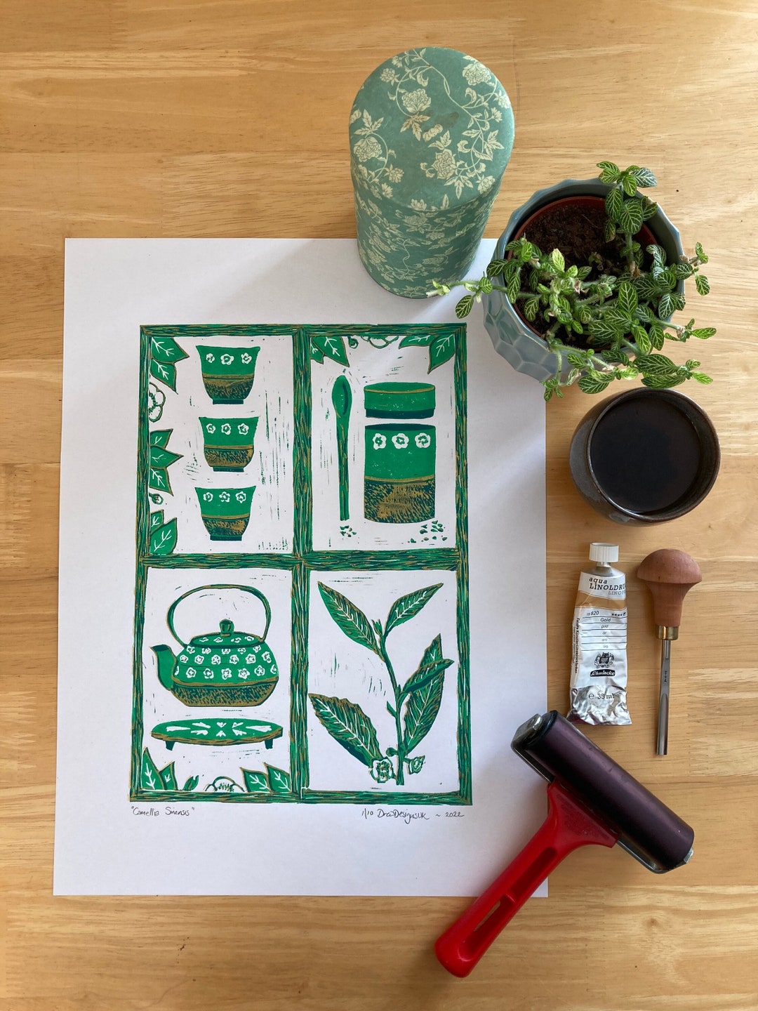 Tea Plant Botanical Print_linocut Print_camellia Sinensis - Etsy