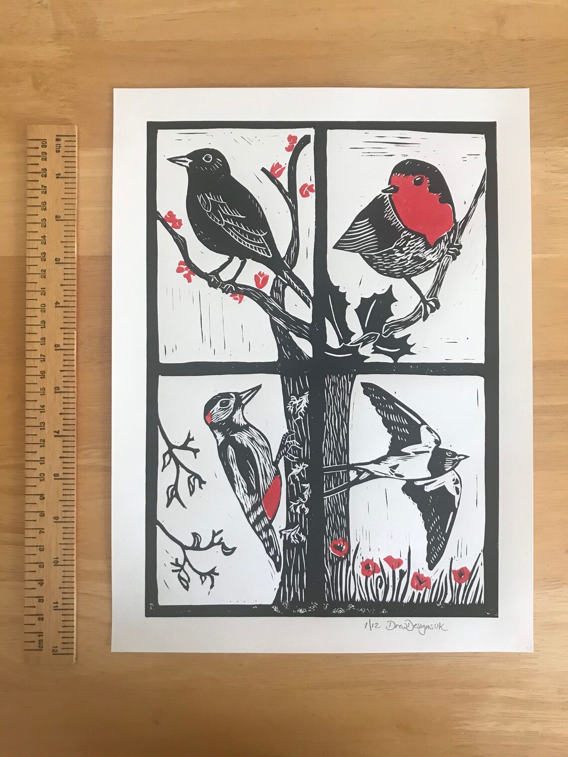 Birds of the Season Linocut Print_a4 Print - Etsy