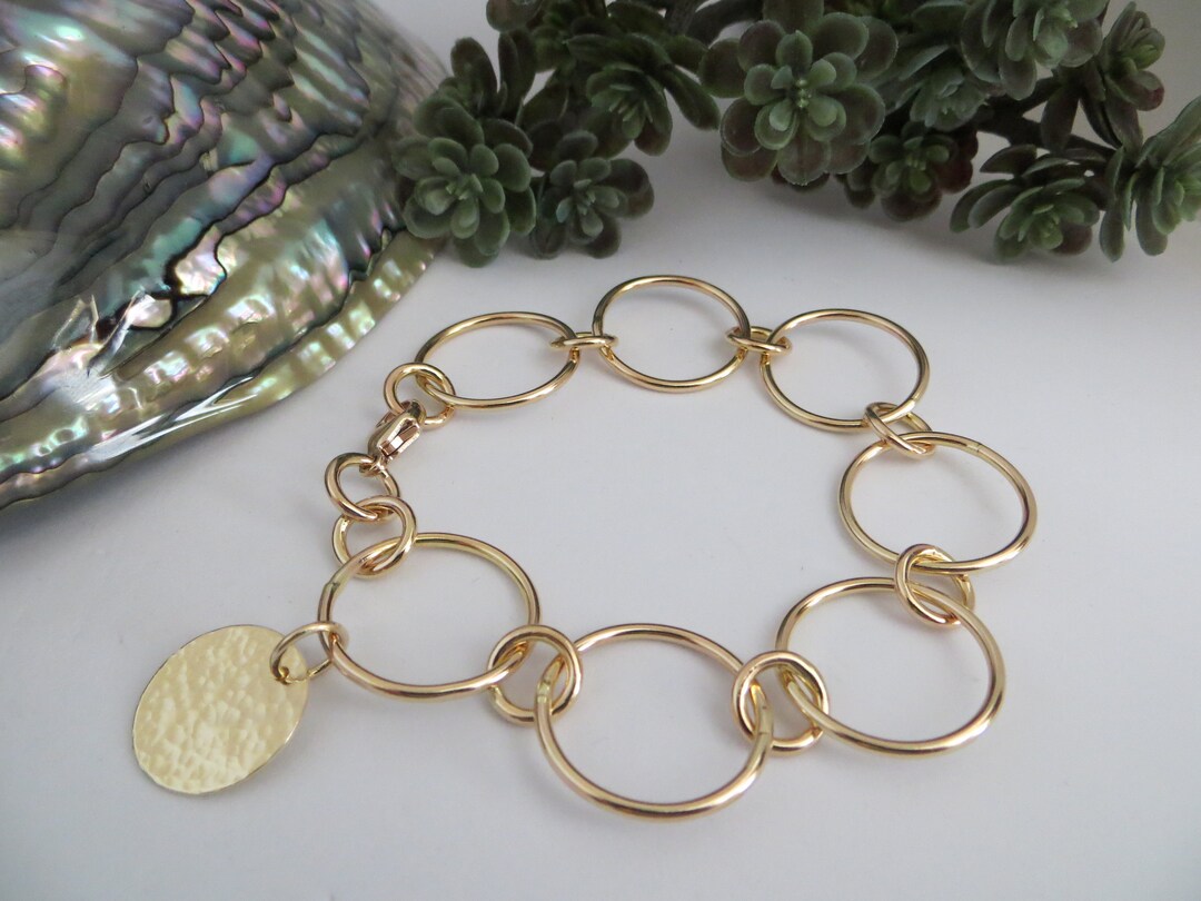 GOLD FILLED BRACELET Large Hoop Links With Hammered Disc 14K - Etsy