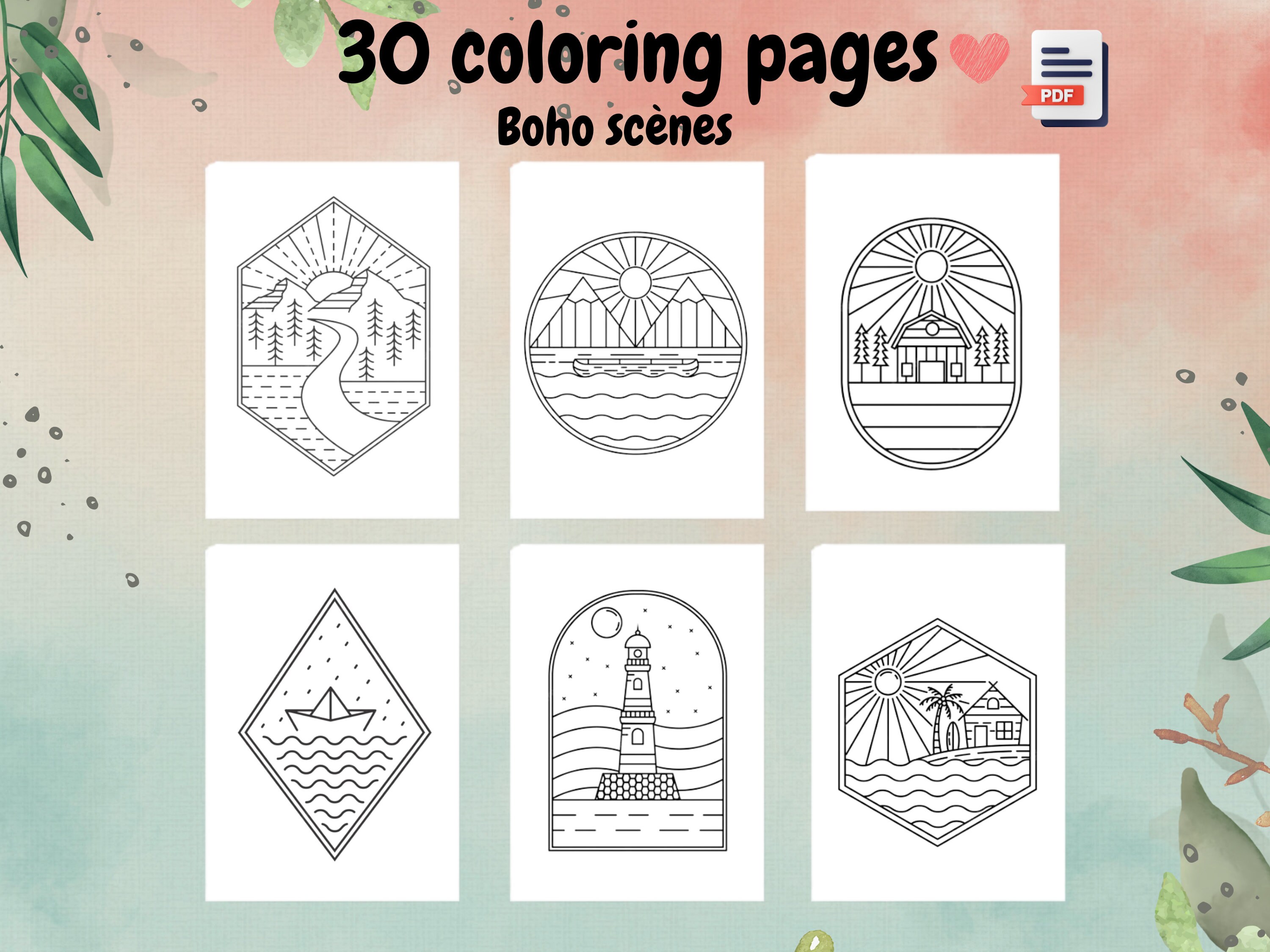 Boho Coloring Pages 30 Printable Pages Boho Landscape - Etsy