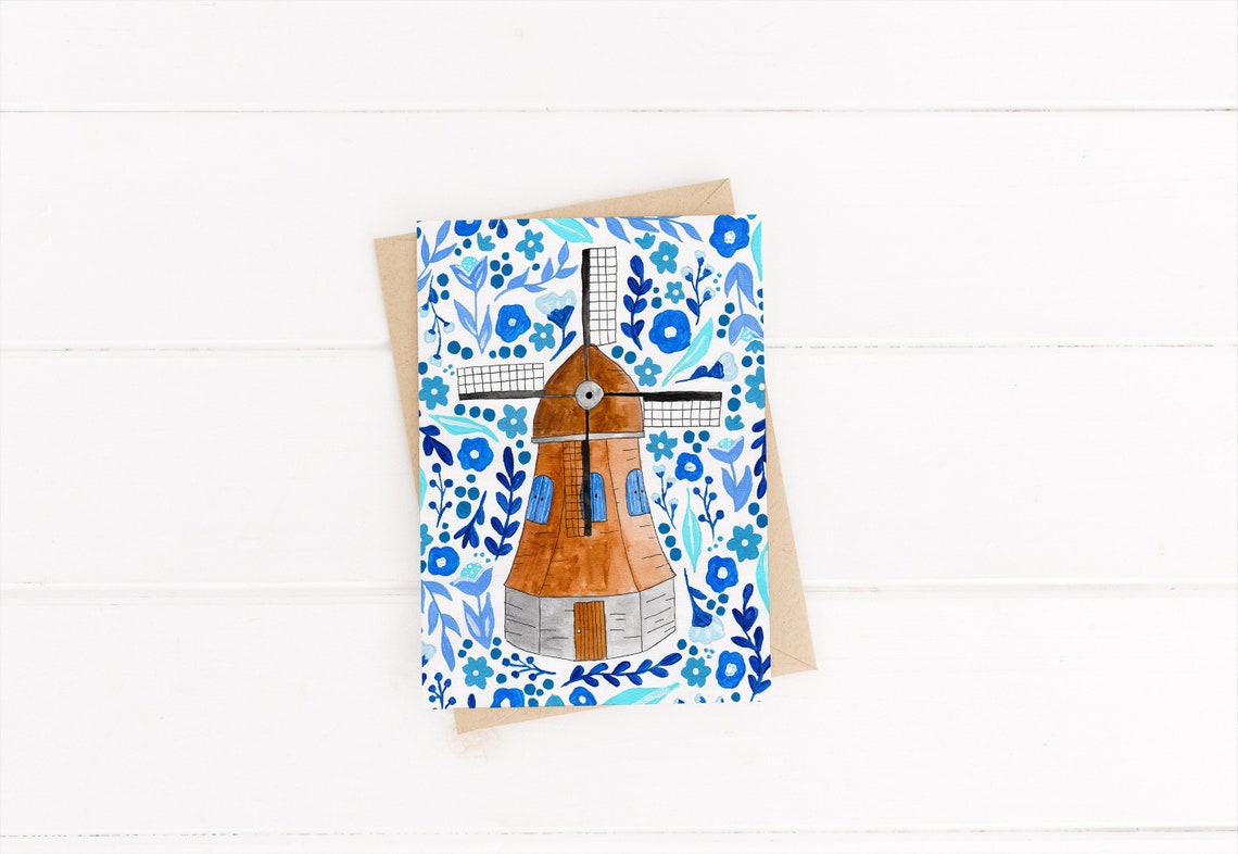 Dutch Windmill With Blue Flowers Postcard - Dutch Postcard ...
