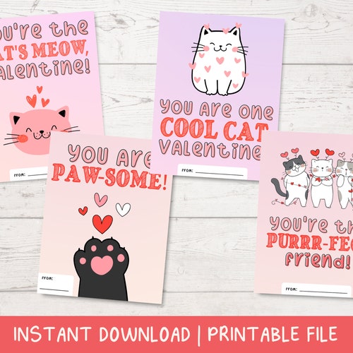 PRINTABLE Kitten Valentine's Day Cards for Kids Cat - Etsy