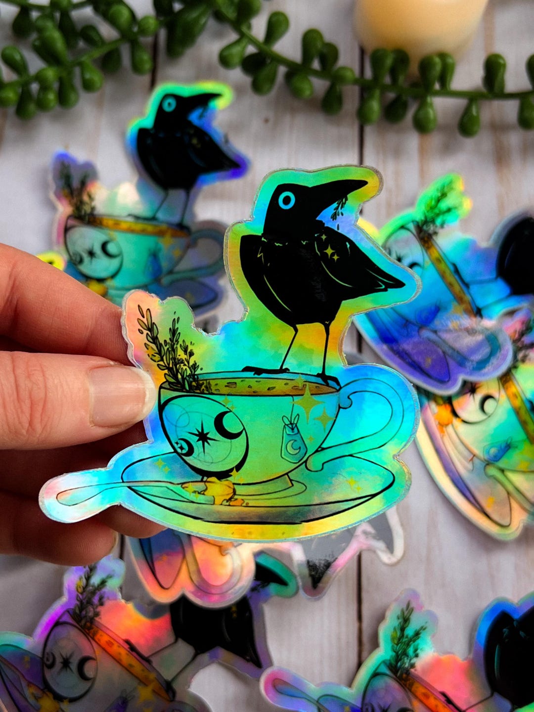Holographic Crow Tea Time Vinyl Sticker - Etsy